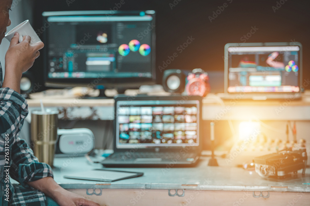 The content creator working in the studio house and relaxing with ...