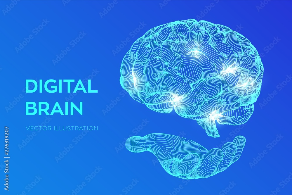Brain. Digital brain in hand. 3D Science and Technology concept. Neural ...