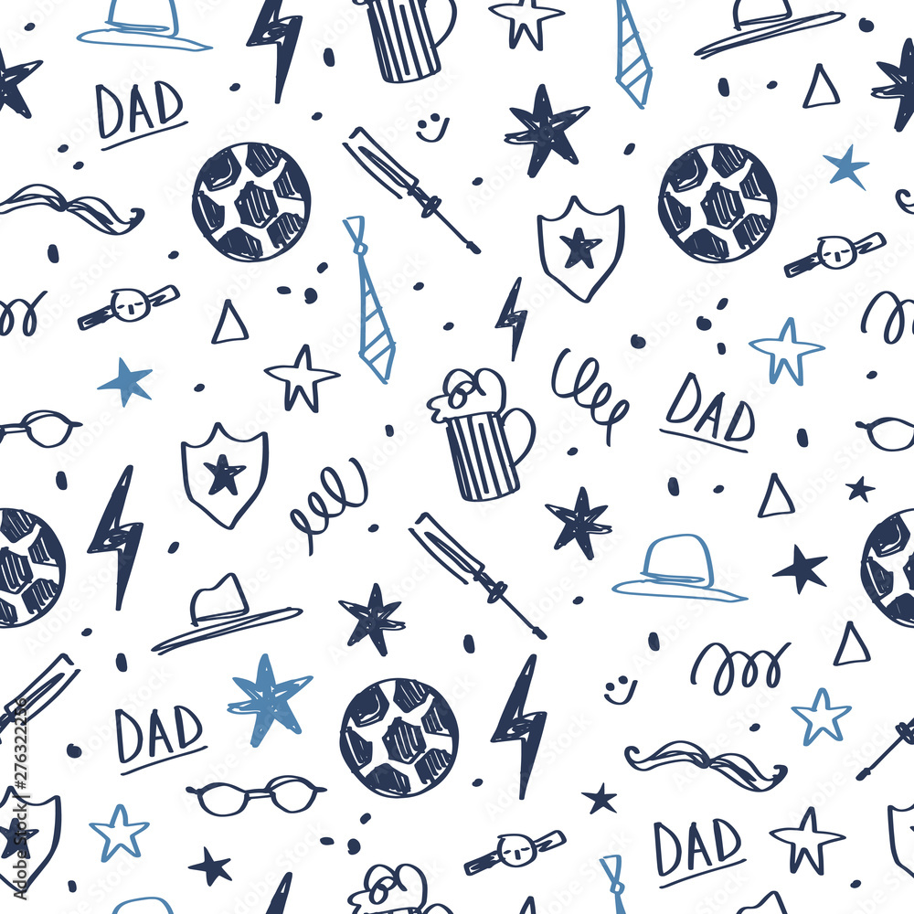 Seamless pattern of Fathers day. Dad champion. Hand drawn icons set on ...