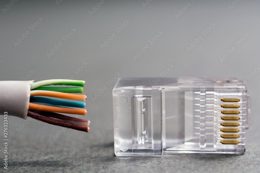 ethernet cable plug connector, network connection, on gray background ...