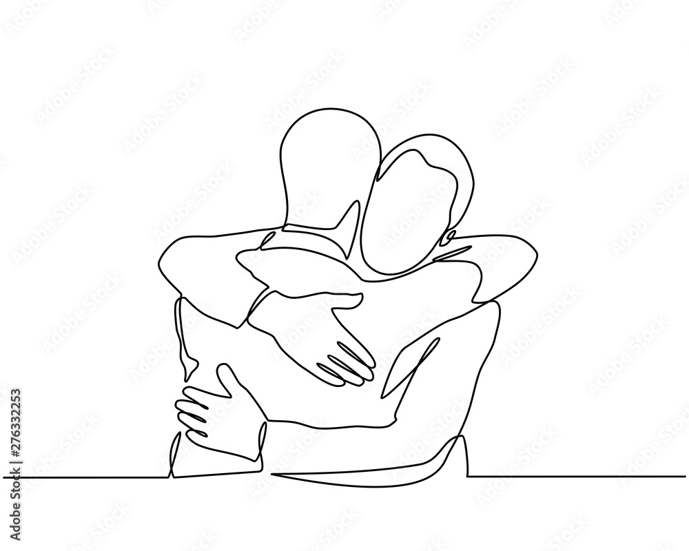 Continuous line drawings of cheerful friends embracing each other. Two ...