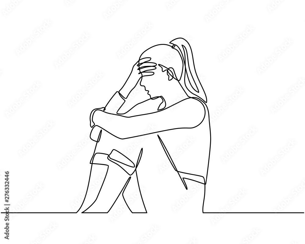 Continuous line drawings of young woman feeling sad, tired and worried ...