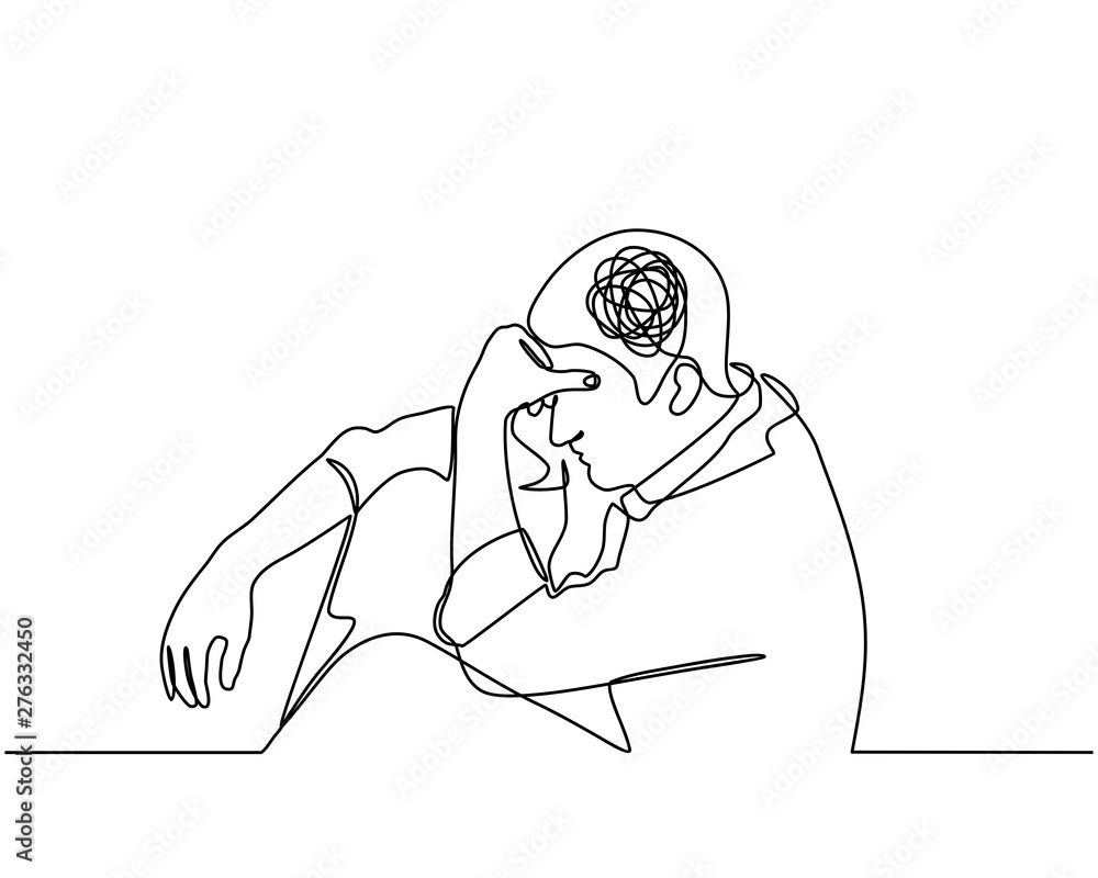 Continuous line drawings of man feeling sad, tired and worried about ...