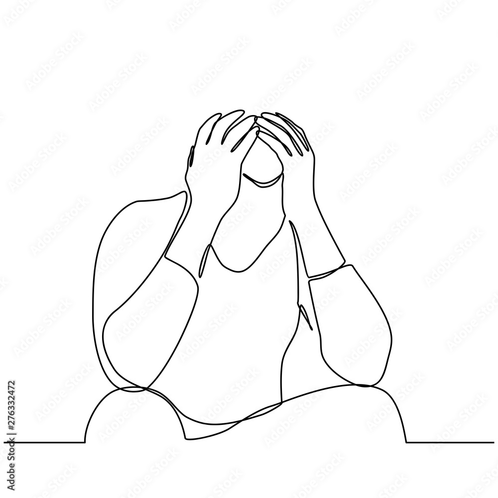 Continuous line drawings of man feeling sad, tired and worried about ...