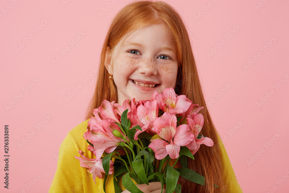Portrait petite freckles red-haired girl with two tails, broadly ...