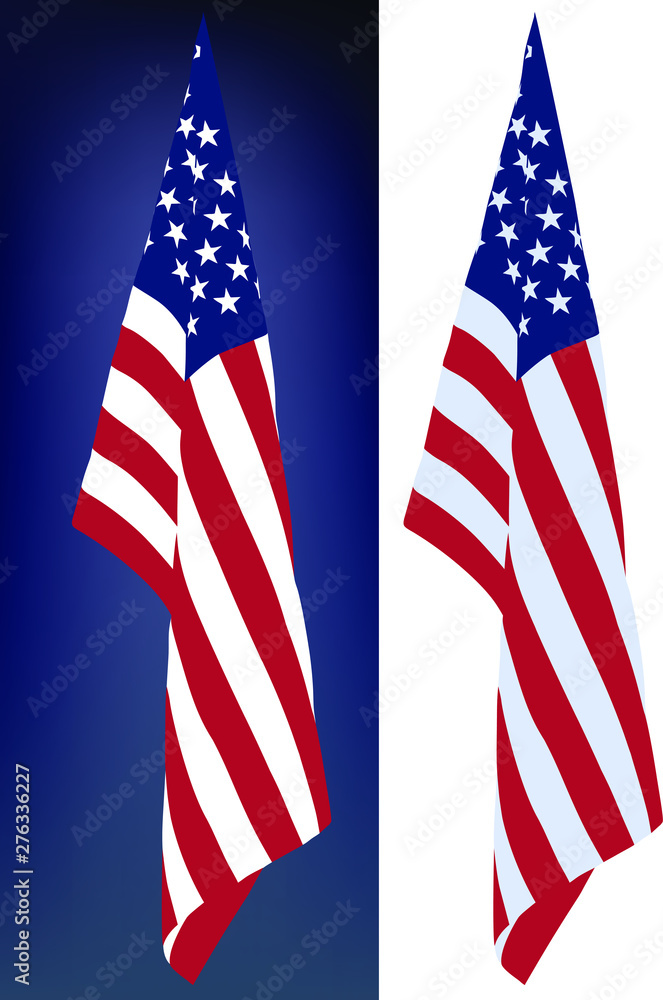 star-striped USA flag hanging down on a white and dark background Stock ...