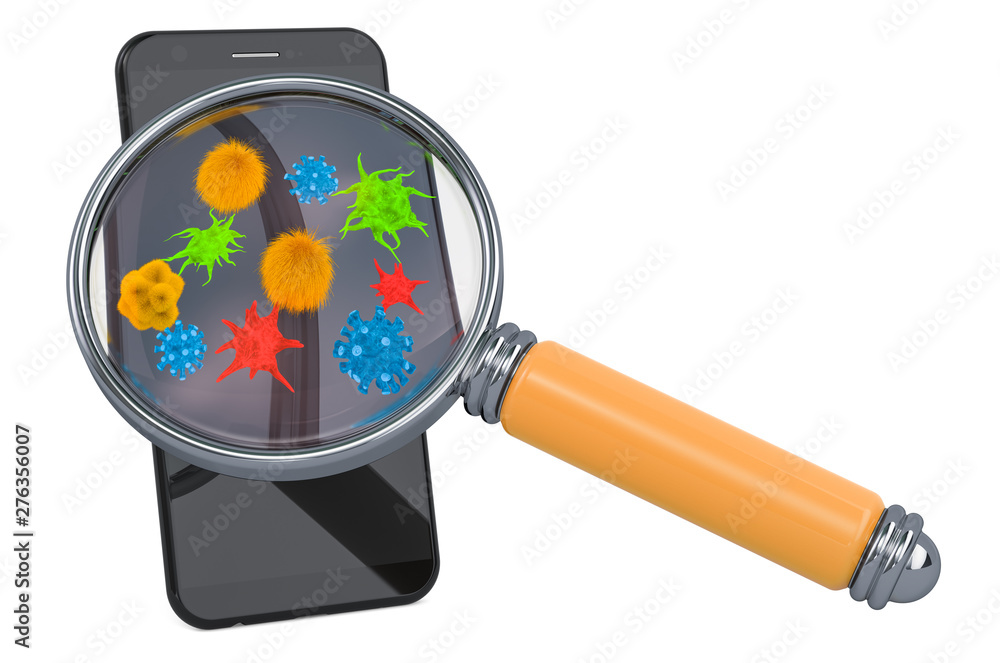 Smartphone, mobile phone with viruses and bacterias under magnifying ...
