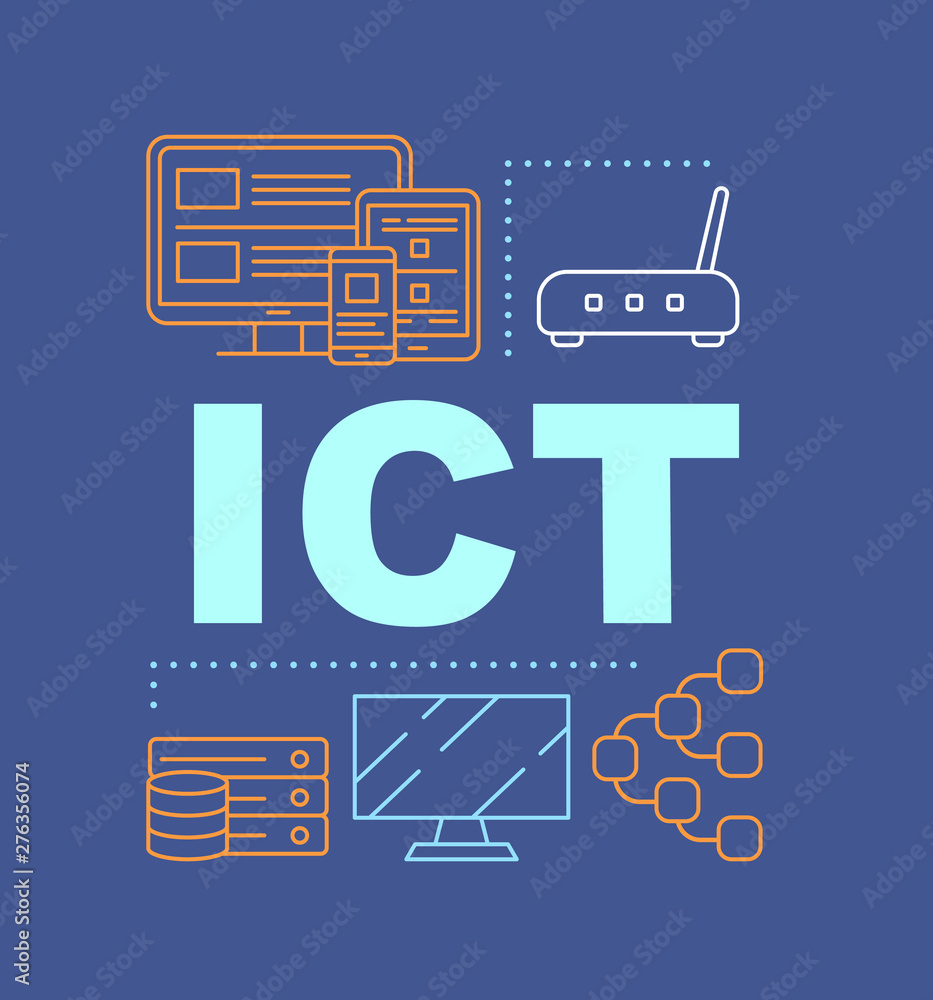 ICT blue word concepts banner. Presentation, website. Information and ...