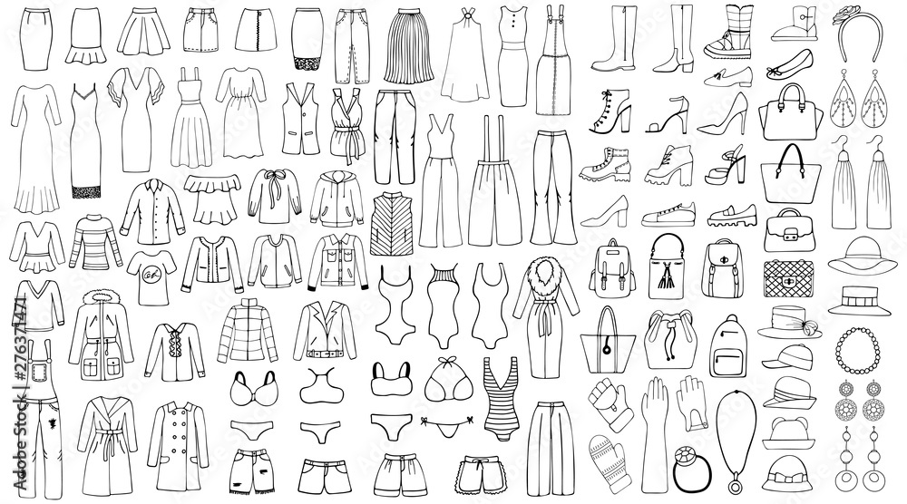 Hand drawn set of woman clothes. Line art set. Stock Vector | Adobe Stock