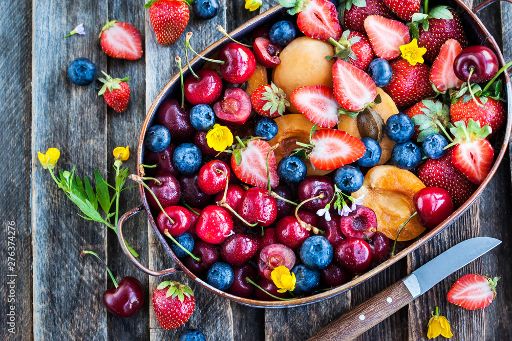 Fresh Ripe Summer Berries And Fruits Cherry Strawberry Blueberry