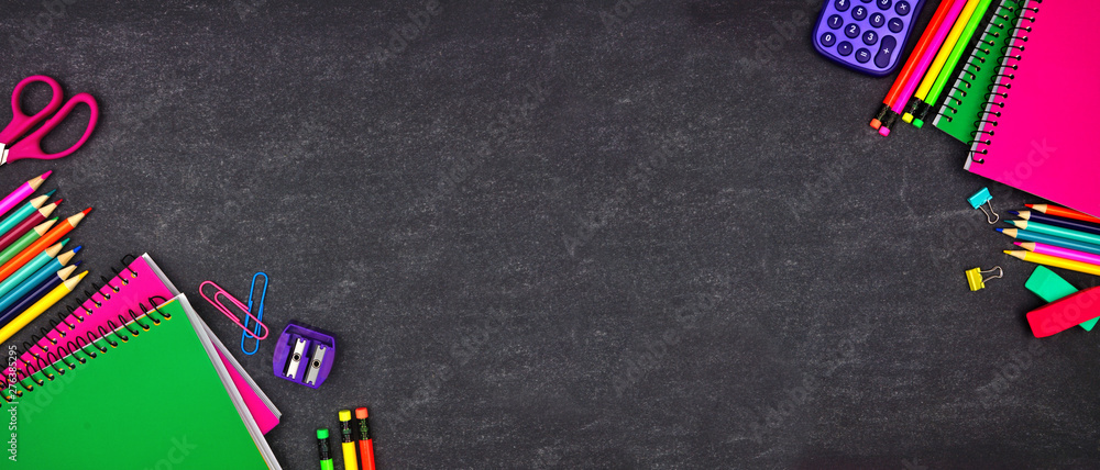 School supplies double corner border banner. Top view on a chalkboard ...