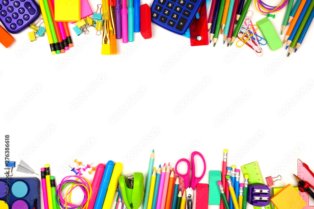 School Supplies Double Border Top View Isolated On A White Background With Copy Space Back To