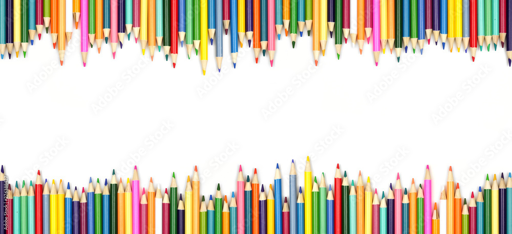 Colored pencil double border banner. Top view isolated on a white ...