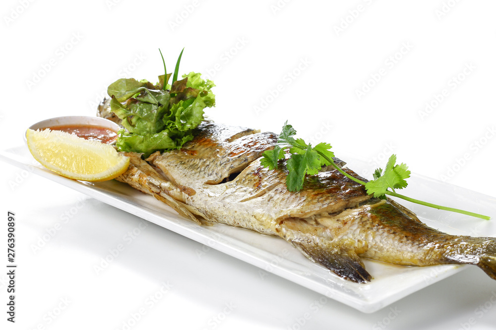 Grilled Whole Barramundi Fish with Red Chili Garlic Seafood Sauce and a ...