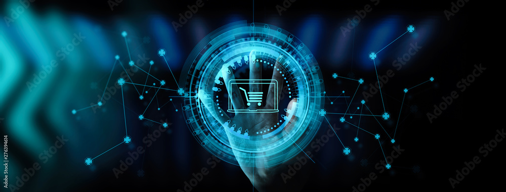 Hand pushing virtual symbol of online shopping with modern UI computer ...