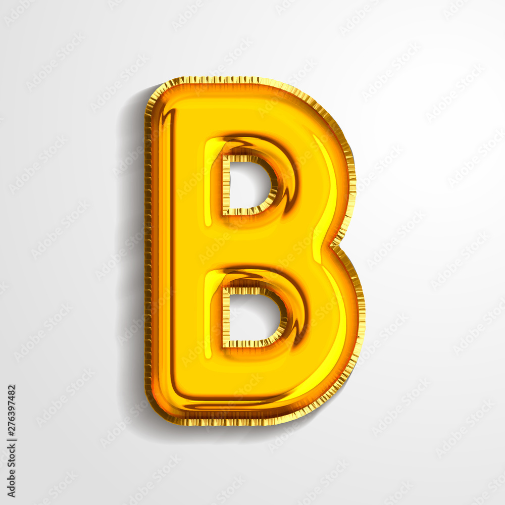 Gold metallic helium alphabet balloon foil letter B realistic 3d render ...