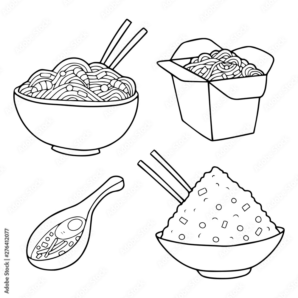 Set of four outline illustrations or icons of the chinese food. Stock ...
