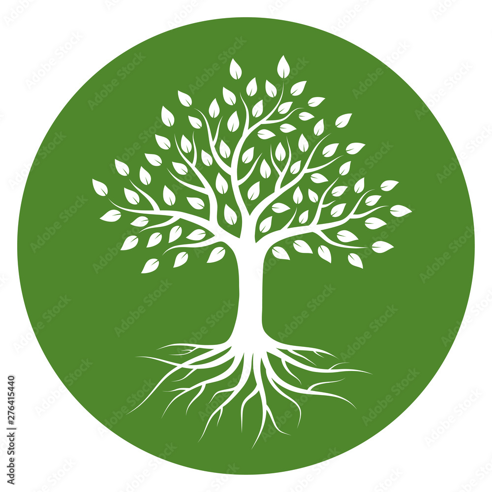 Silhouette of a tree with roots and leaves in circle. White color on ...