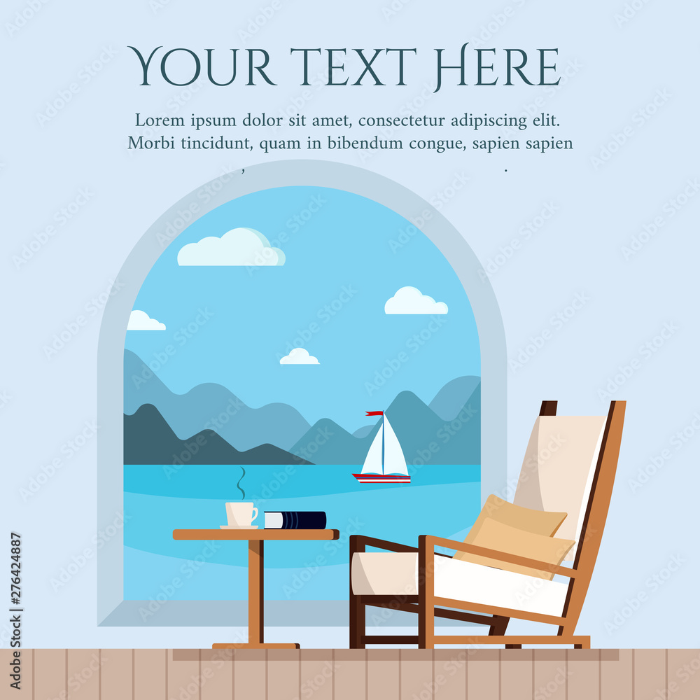 Table, cup of tea or coffee book and chair on the balcony or terrace ...