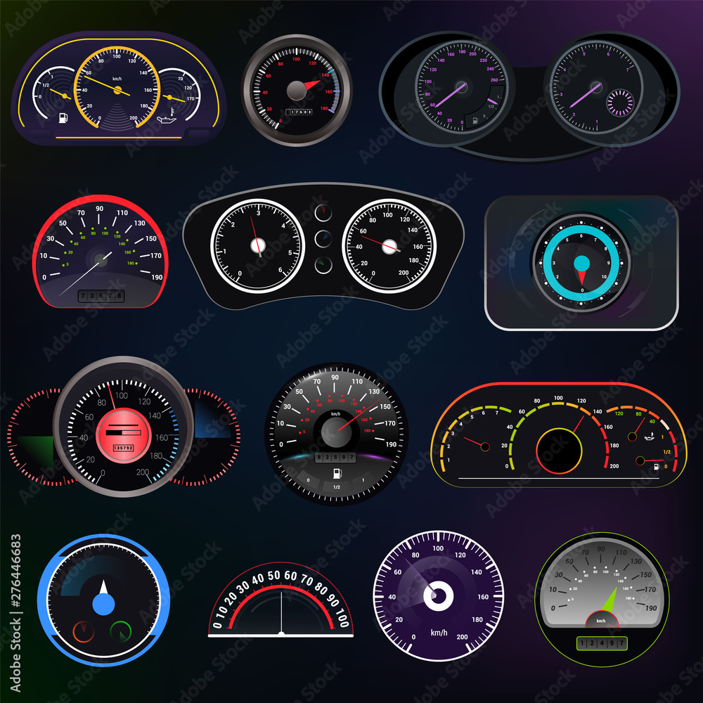 Speedometer vector car speed dashboard panel and speed-up power ...