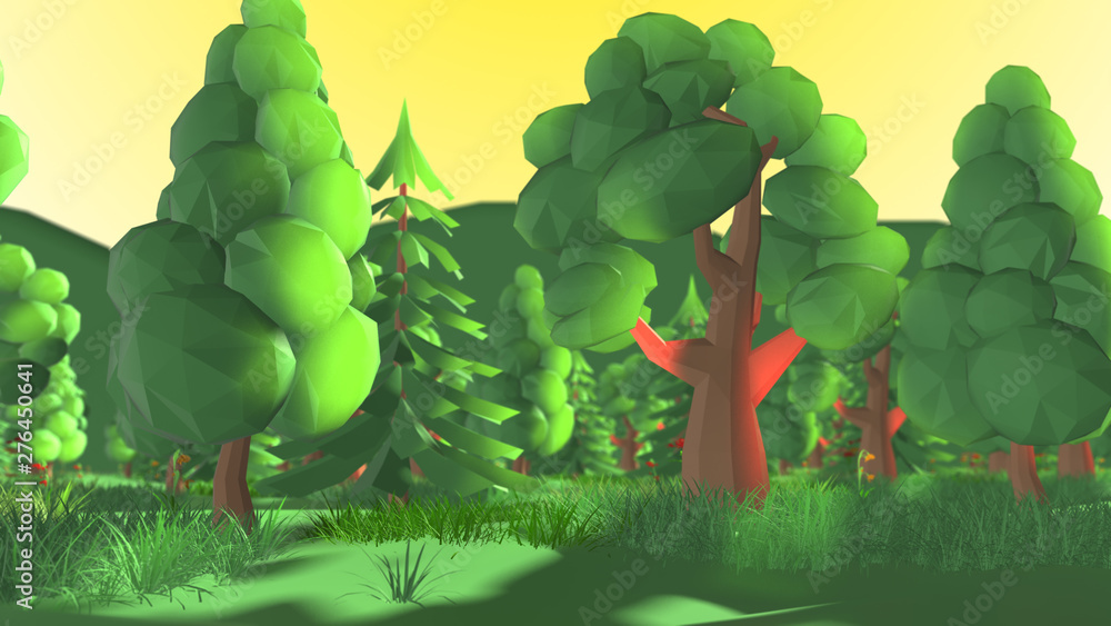 Low poly render of a forest nature landscape with tress and grass - 3D ...