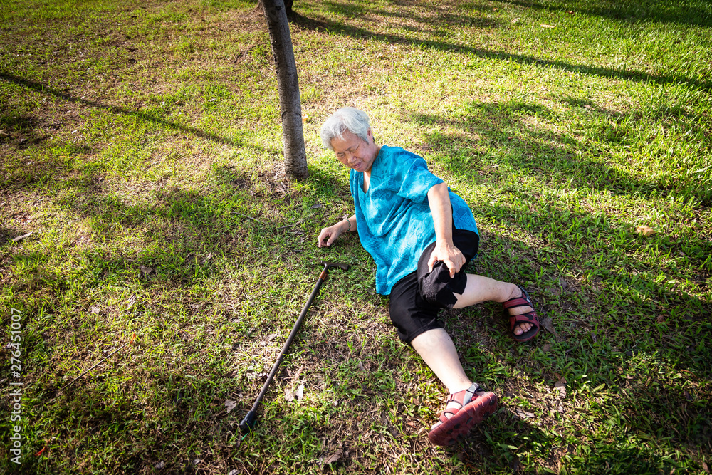 Asian elderly people with walker on floor after falling down in outdoor ...