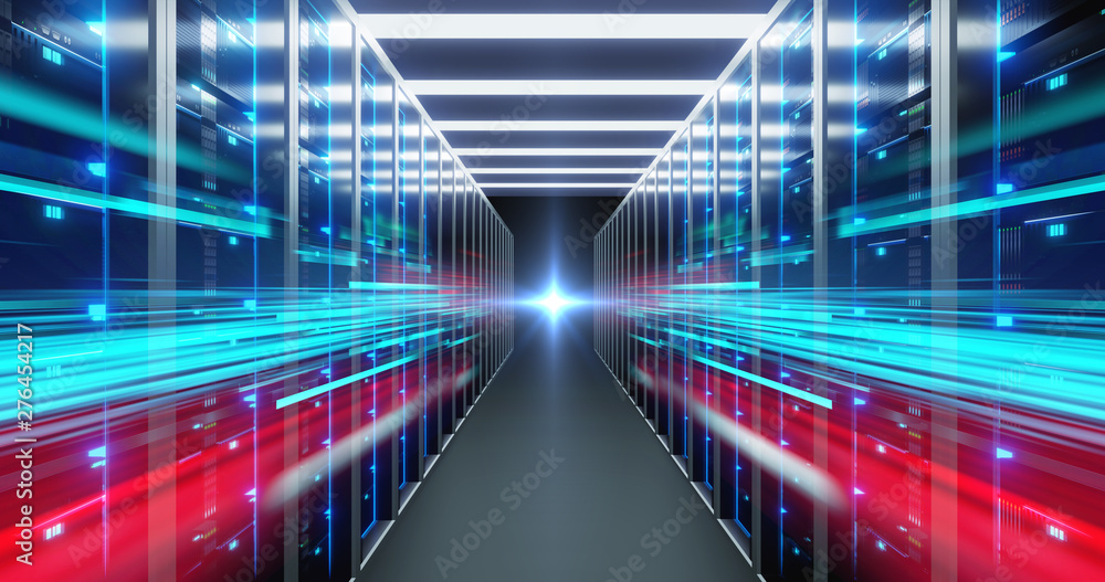 Corridor of server room with server racks in datacenter. 3d ...