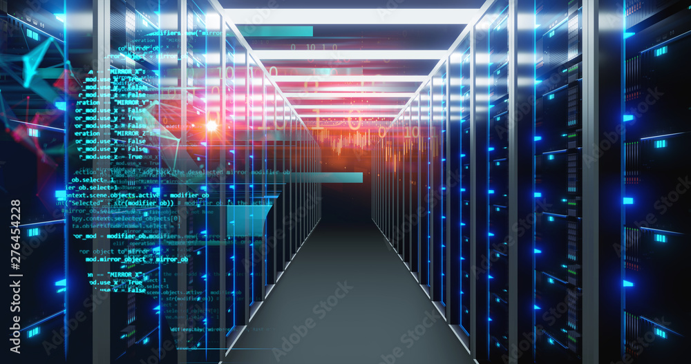 Corridor of server room with server racks in datacenter. 3d ...