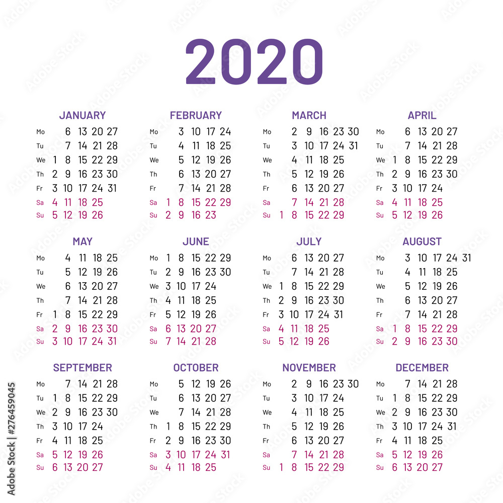 Simple traditional calendar layout for 2020 year. English light ...