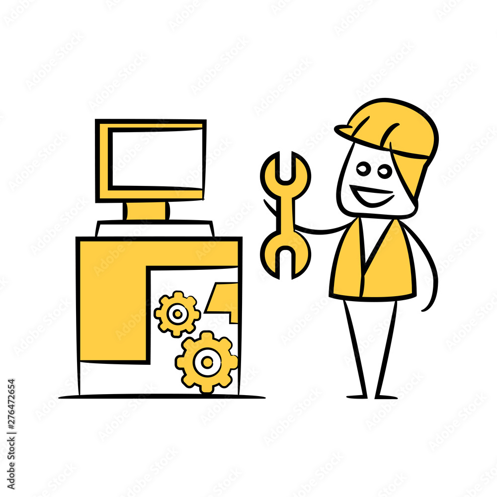engineer holding wrench and automation machine, doodle stick figure ...
