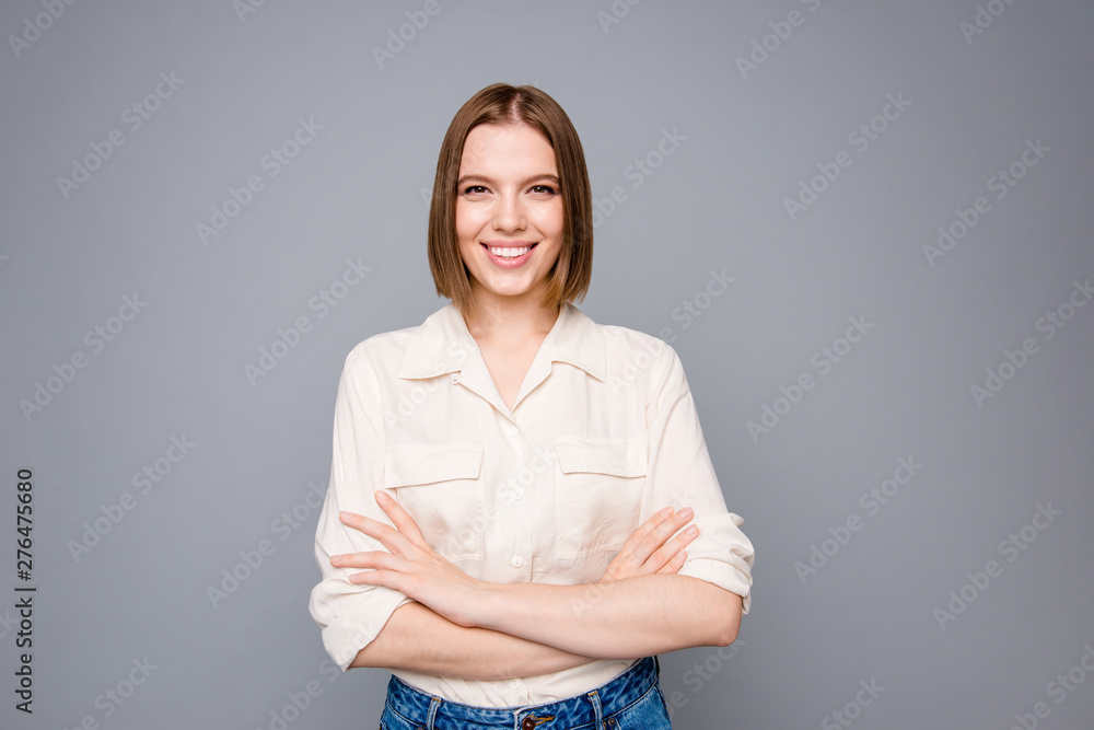 Portrait of nice pretty person people look listen leadership concept ...