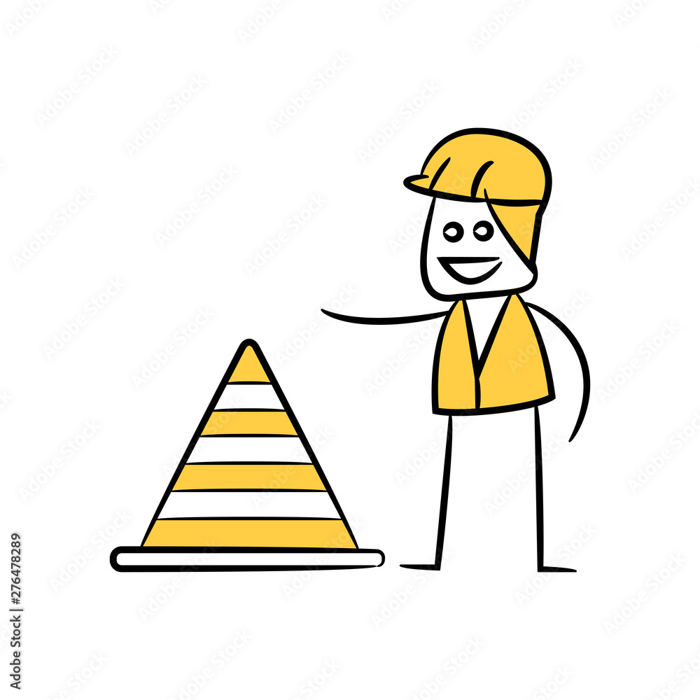 engineer or operator with construction cone, doodle stick figure design ...