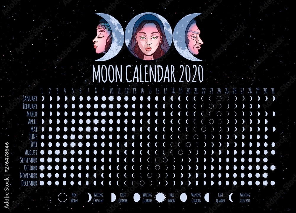 Moon calendar, 2020 year, lunar phases, cycles. Design illustrated with ...