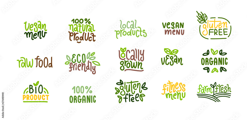 Eco product flat hand drawn lettering collection. Bio eco symbol ...