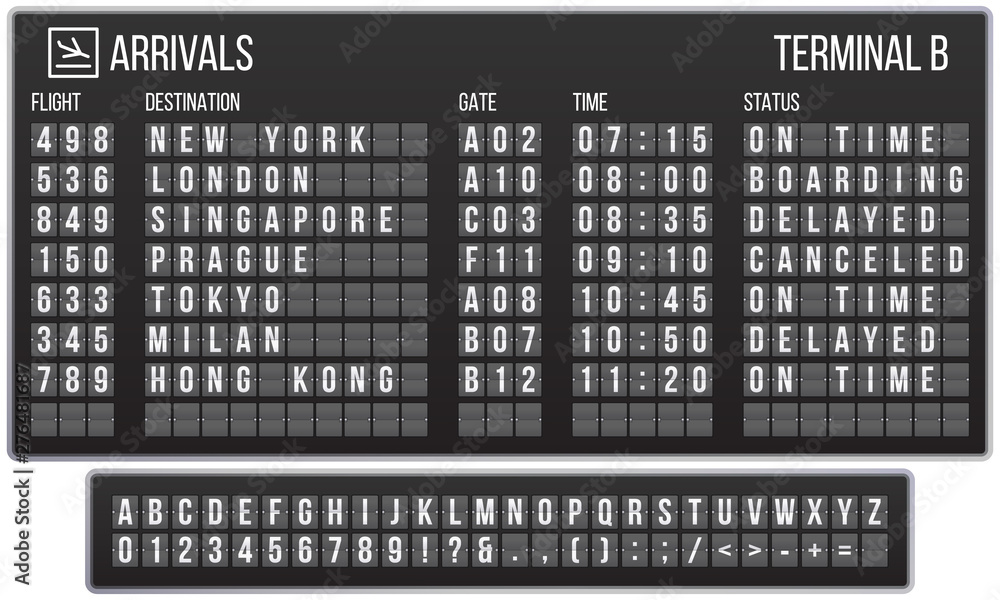 Scoreboard flip font. Arrival airport signs board, railroad arrivals ...
