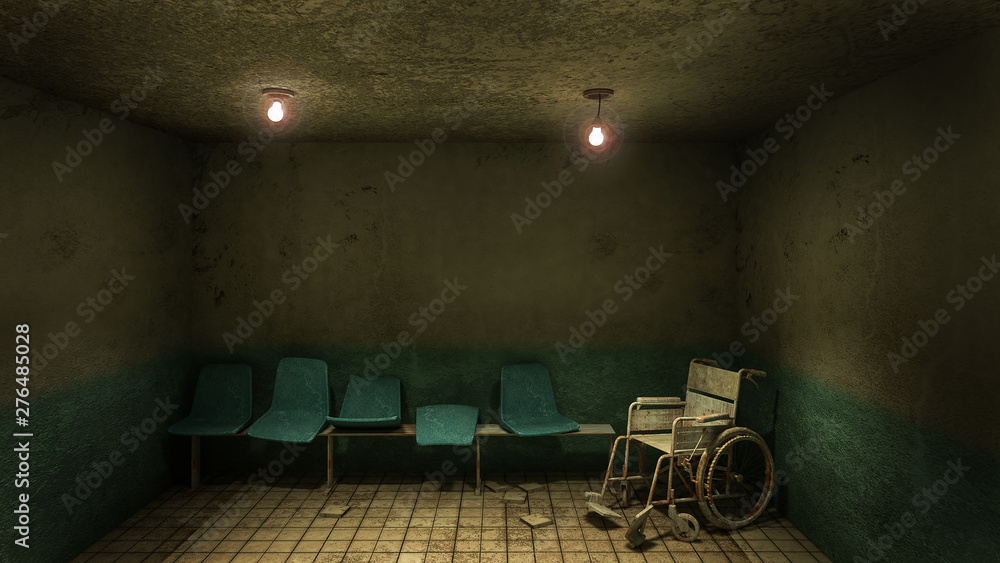 Horror and creepy seat waiting and wheelchair in front of the ...