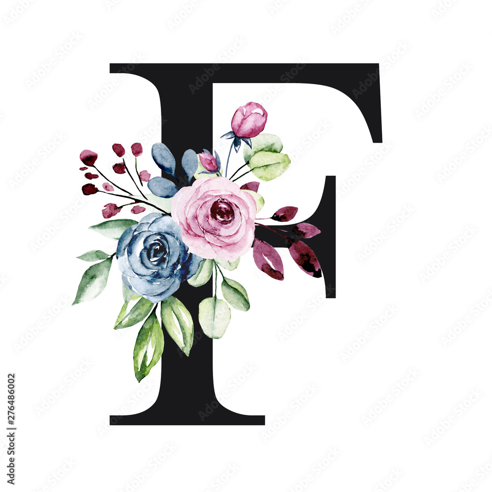 Floral alphabet, letter F with watercolor flowers and leaves. Monogram ...