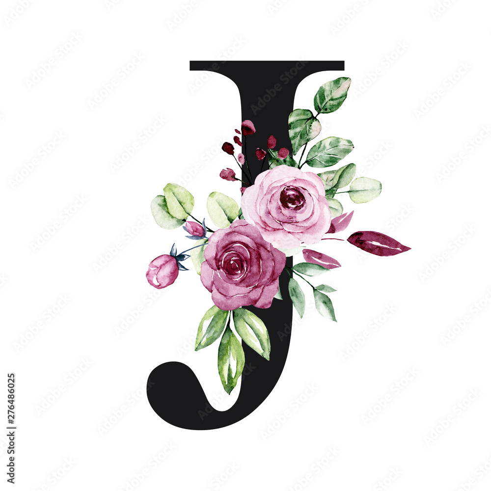 Floral alphabet, letter J with watercolor flowers and leaves. Monogram ...