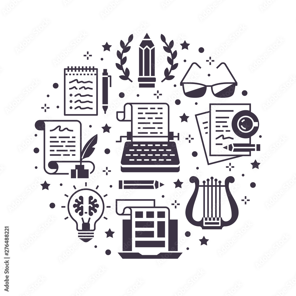 Copywriting vector circle banner with flat icons. Writer typing text ...
