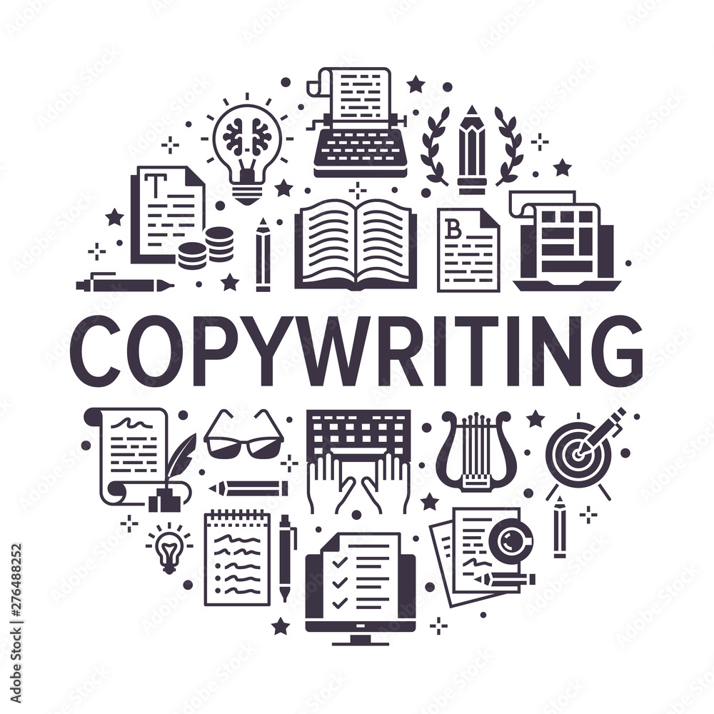 Copywriting vector circle banner with flat icons. Writer typing text ...