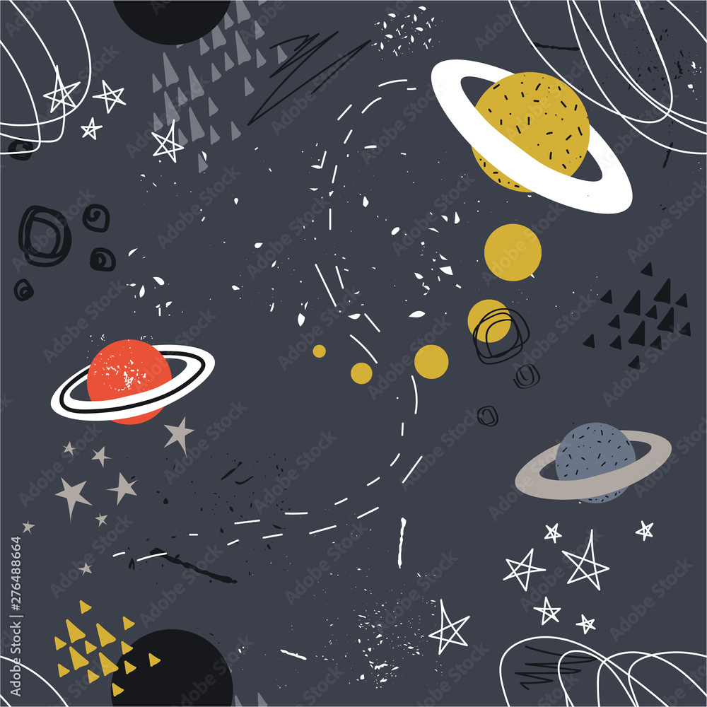 Stars, planets, constellations, seamless pattern vector. Hand drawn ...