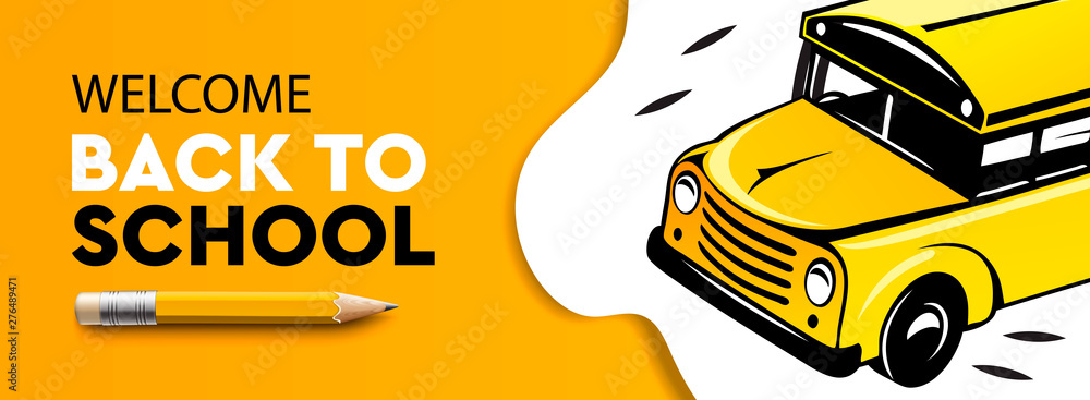 Welcome Back to school horizontal banner, school bus, vector ...