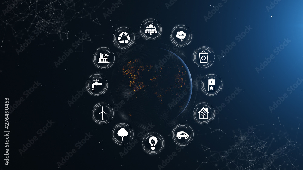 Earth Green Energy Infographics Full Orb Night White Icons Place Your ...