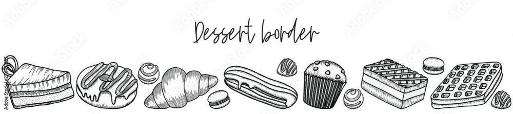 vector border of desserts: muffin, croissant, candy, waffle, Eclair ...