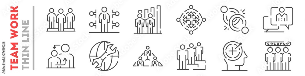 Team work and cooperation in company set of thin line icons on white ...
