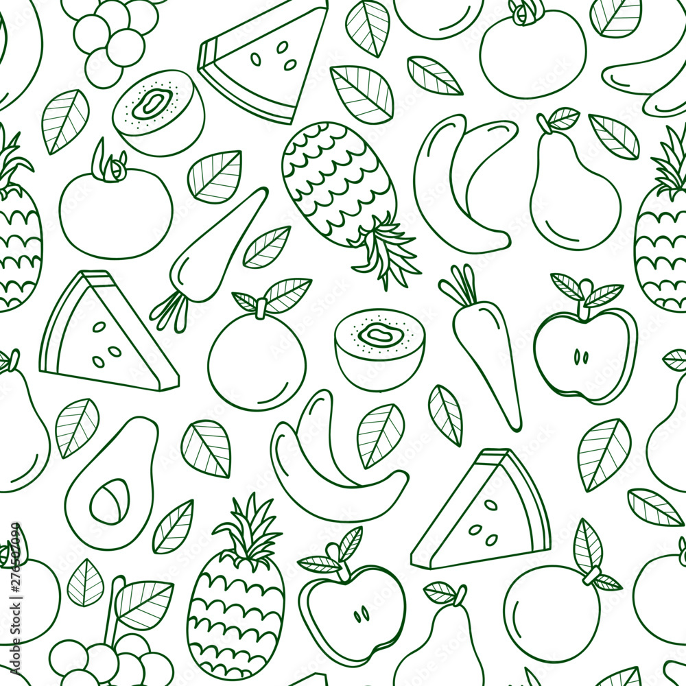 Seamless background with various tropical fruits on white. Vector fruit ...