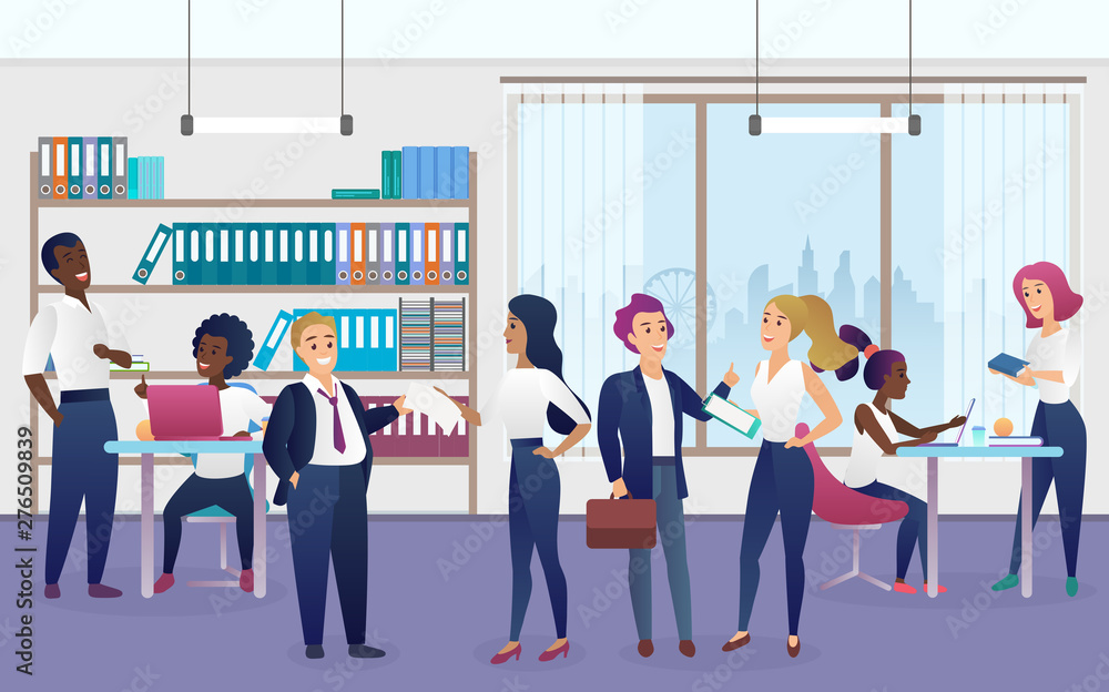 Workers in modern office flat vector illustration. Coworking place ...