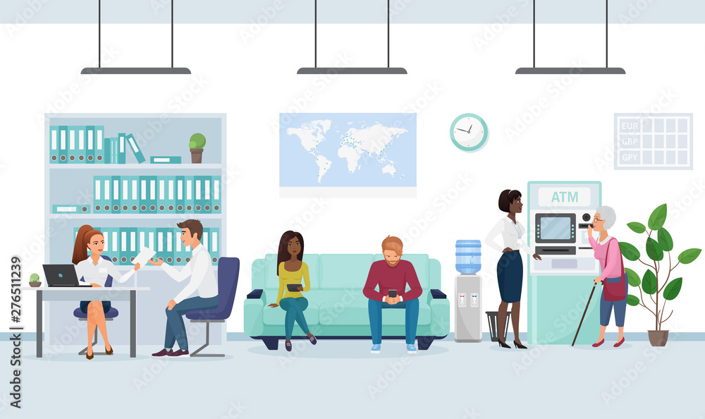 People in bank flat vector illustration. Customer talking with banker ...