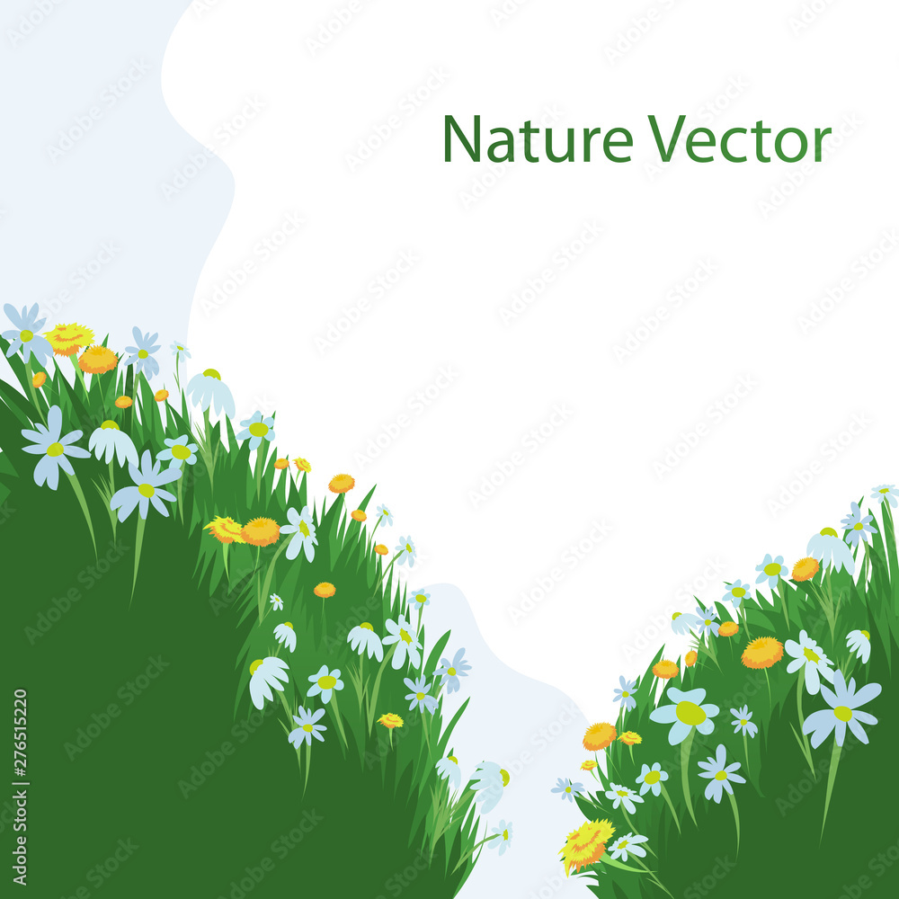 Beautiful background with grass and flowers, winding path with pebbles ...