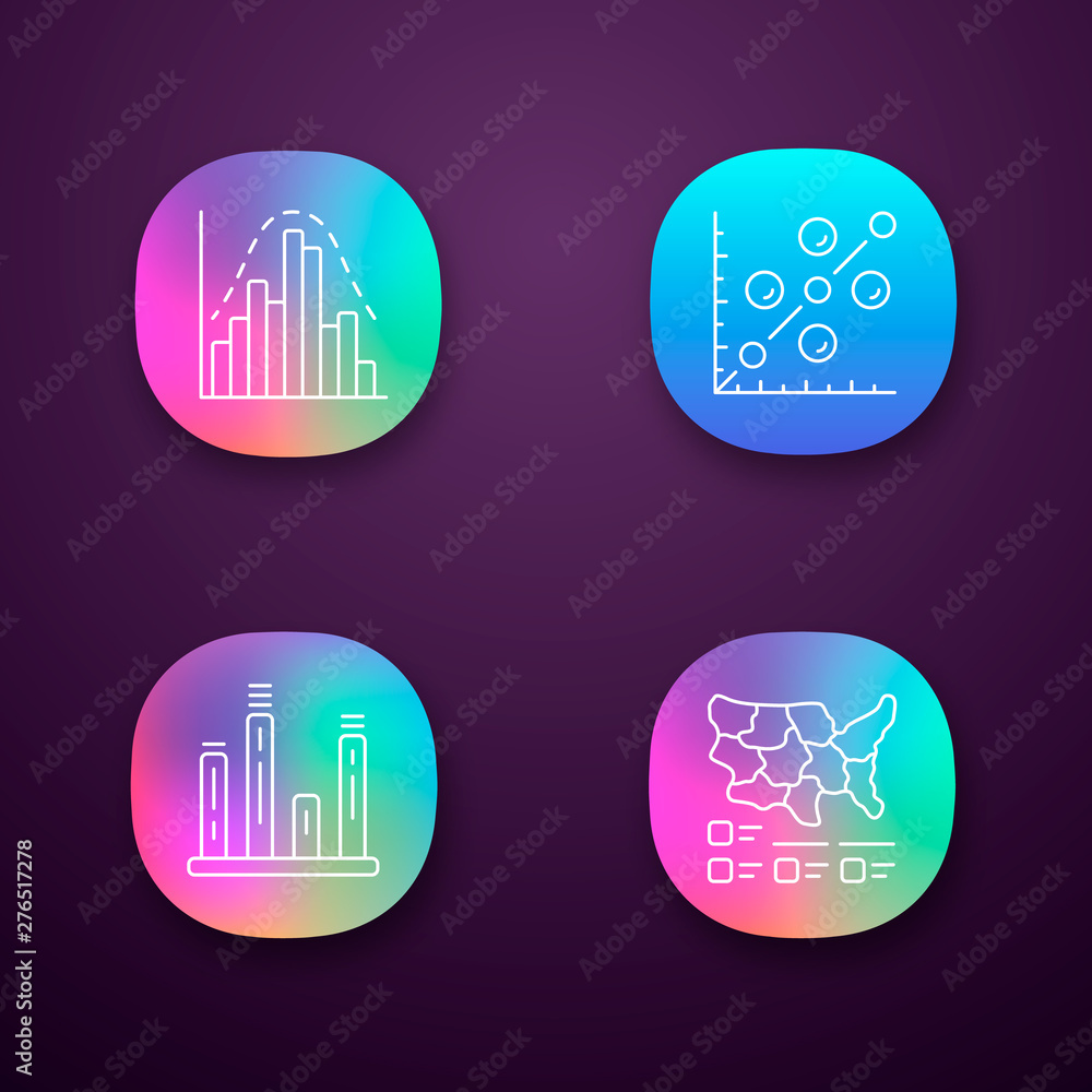 Diagrams app icons set. Histogram, bar graph, scatter plot, cartogram ...